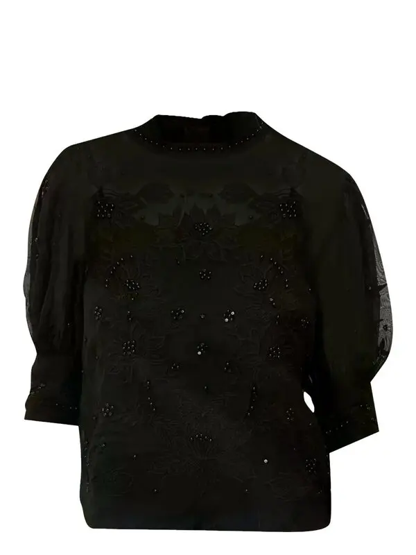Farm Rio Beaded Floral-embroidered Top - Black