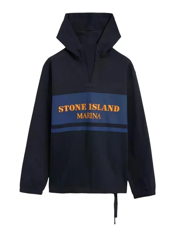 Stone Island Logo-lettering V-neck Hoodie - Blue
