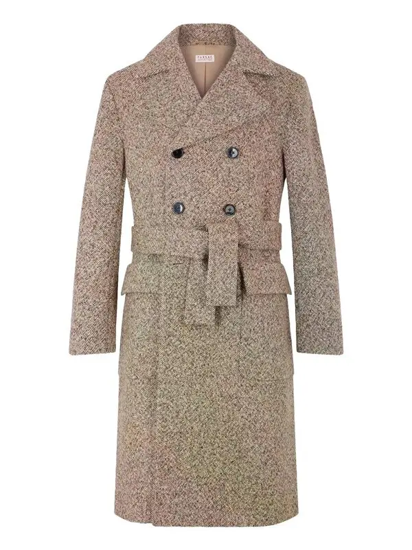 FURSAC Tweed Belted Double-breasted Coat - Brown