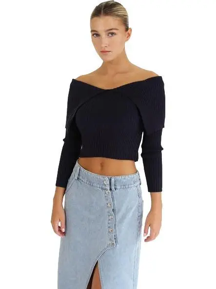 BELLE & BLOOM Collared Knit Top - Navy