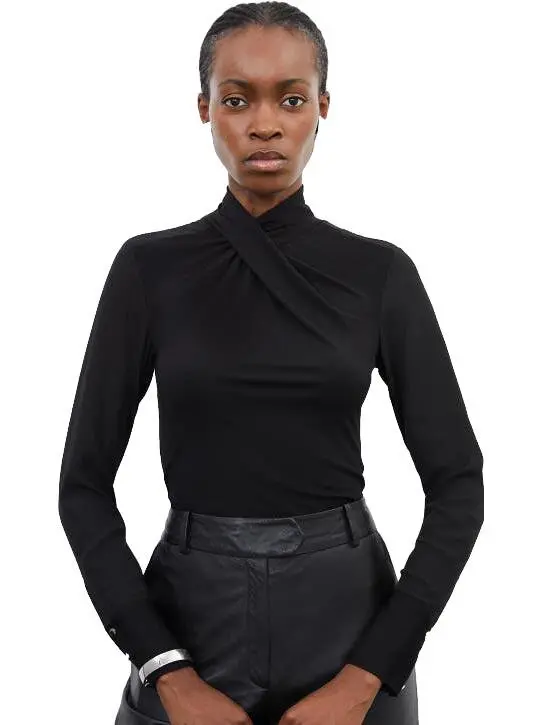Karen Millen Jersey And Georgette Mix High Neck Top With Twist Detail - Black
