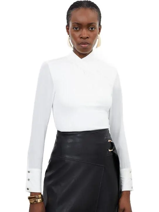 Karen Millen Jersey And Georgette Mix High Neck Top - Ivory
