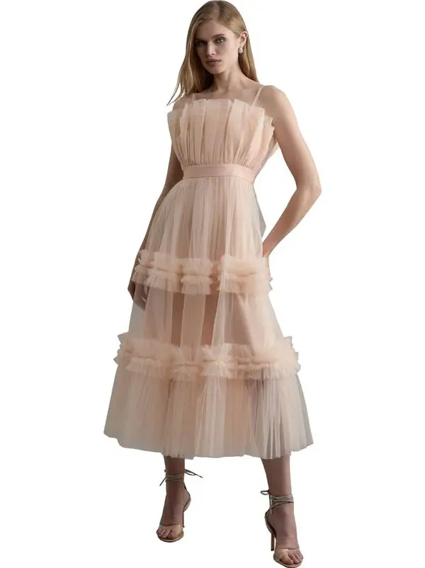 Karen Millen Tulle Bandeau Tiered Midi Dress - Blush