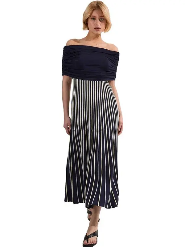Karen Millen Striped Bardot Knitted Maxi Dress - Blue