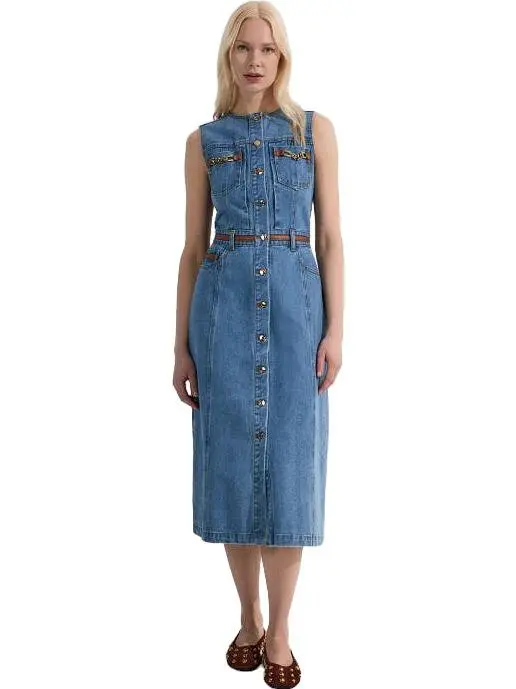 Karen Millen Sleeveless Denim Midi Shirt Dress - Light Blue