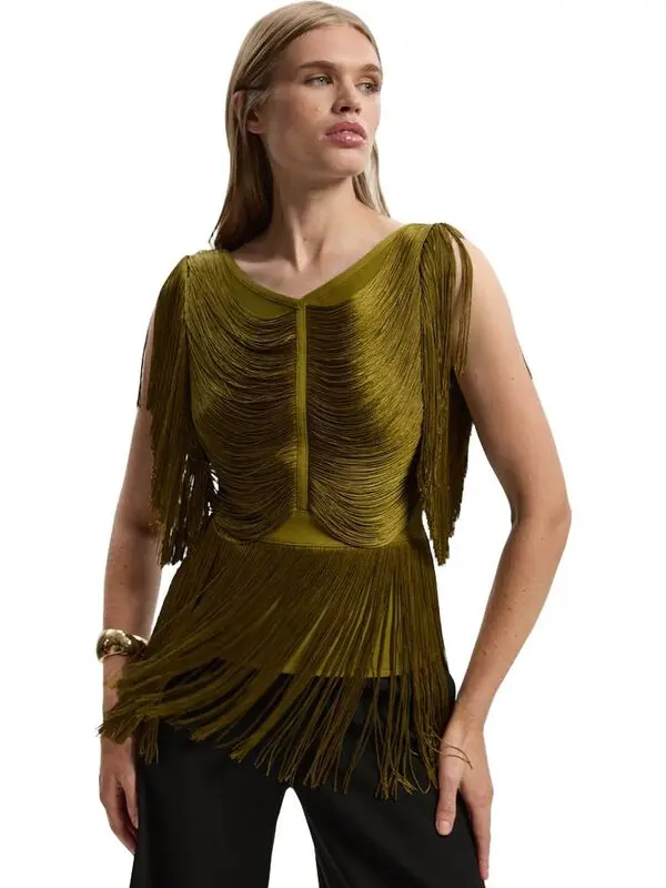 Karen Millen Draped Fringe Knitted Top - Olive