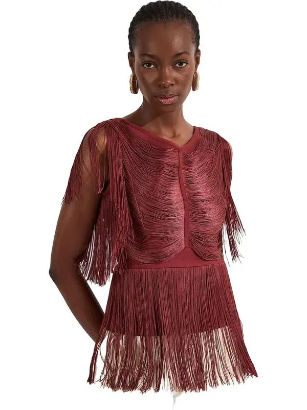 Karen Millen Draped Fringe Knitted Top - Rich Red
