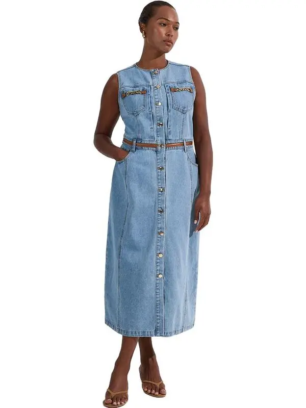 Karen Millen Sleeveless Midi Denim Shirt Dress - Light Blue