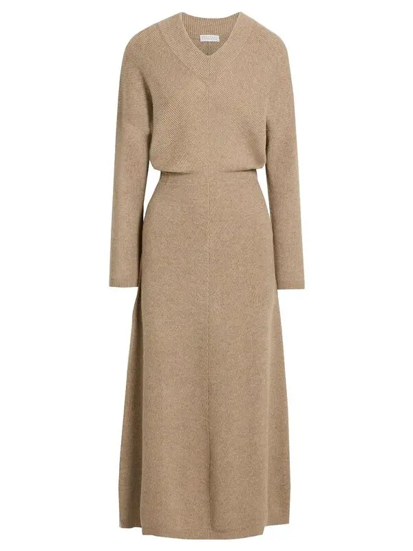 Brunello Cucinelli Ribbed Cashmere Midi Dress - Sand