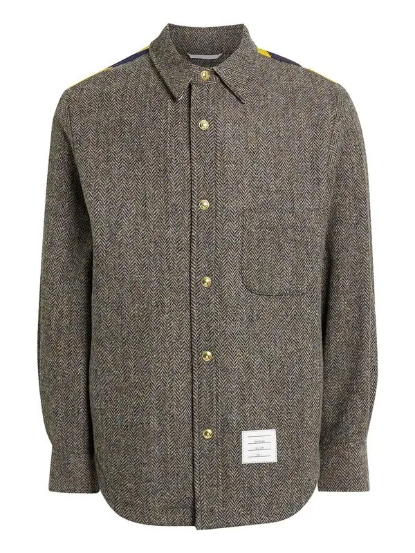 Thom Browne Striped Silk And Cottonblend Twillpaneled Herringbone Wool Overshirt - Anthracite