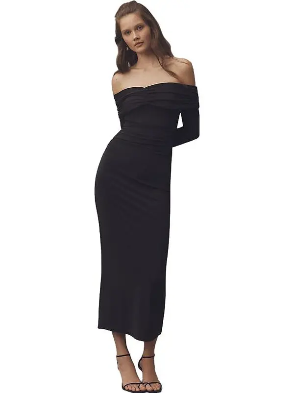 Bhldn Off-shoulder Bell-sleeve Stretch Jersey Maxi Dress - Black Onyx