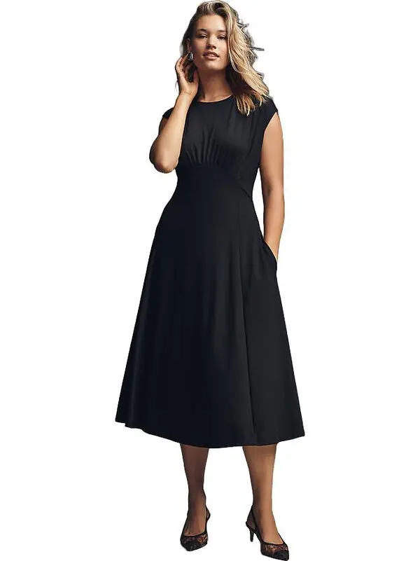 Maeve Sleeveless Ruched Babydoll Midi Dress - Black