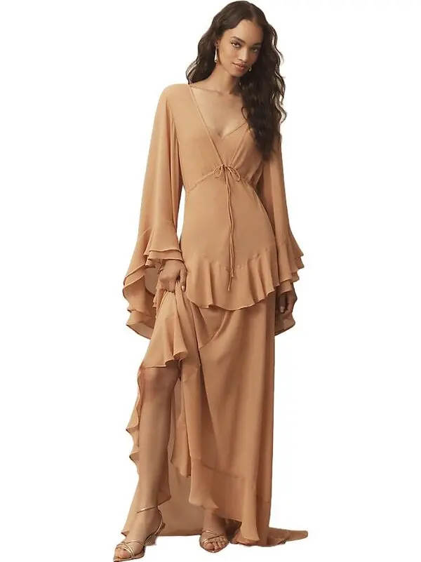 DE LA VALI Calypso Long-sleeve Ruffled Georgette Maxi Dress - Mocha