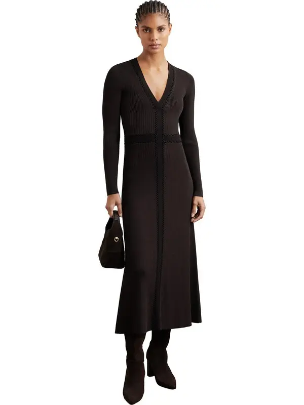REISS Laura Knitted Dress - Chocolate Brown/black