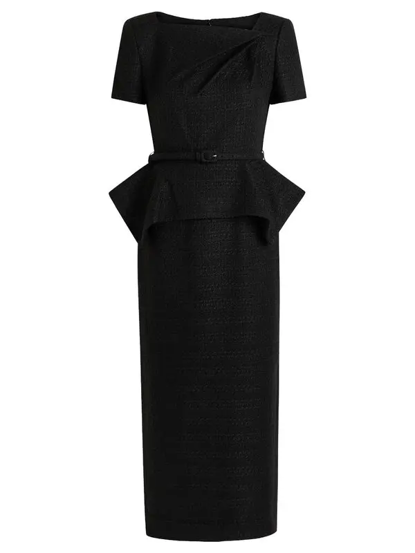 Roland Mouret Belted Peplum Tweed Midi Dress - Black