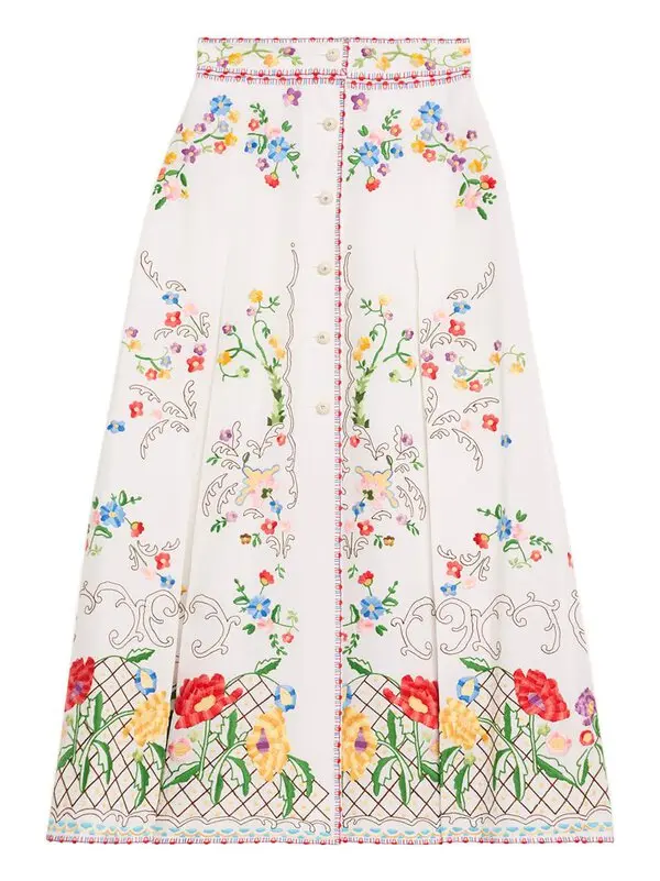Valentino Garavani Floral Embroidered Midi Skirt - White Multi