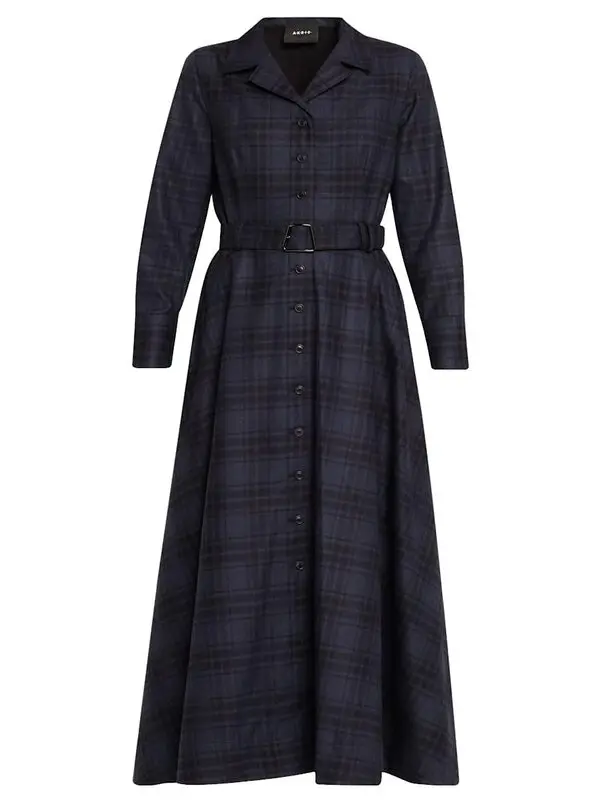 Akris Flannel Plaid Belted Maxi Shirtdress - Denim-black