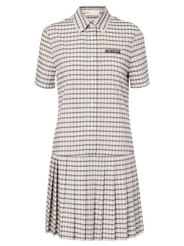 Tory Burch Plaid Pleated Mini Dress - White