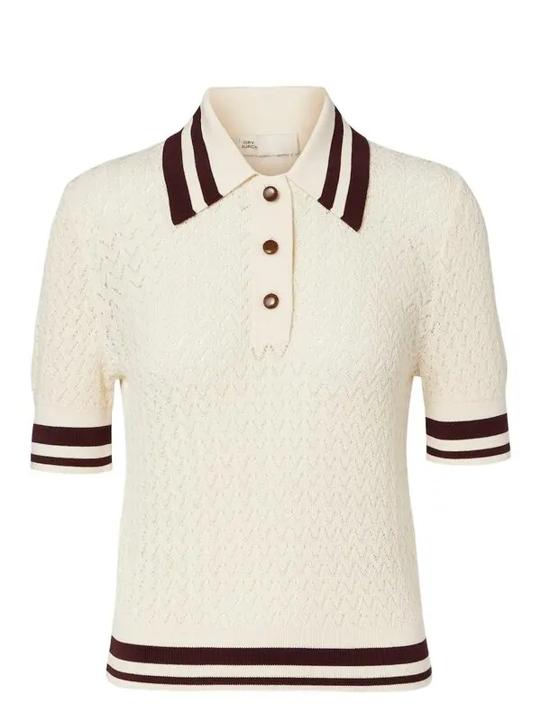 Tory Burch Cotton Pointelle Polo Shirt - White