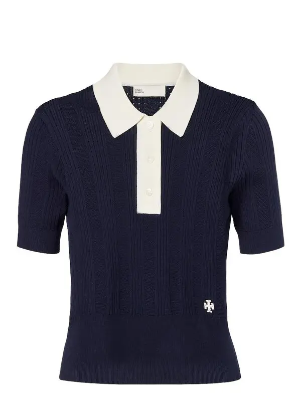 Tory Burch Cotton Pointelle Polo Shirt - Blue