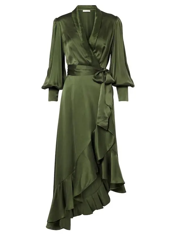 Zimmermann Asymmetric Silk Satin Wrap Dress - Green