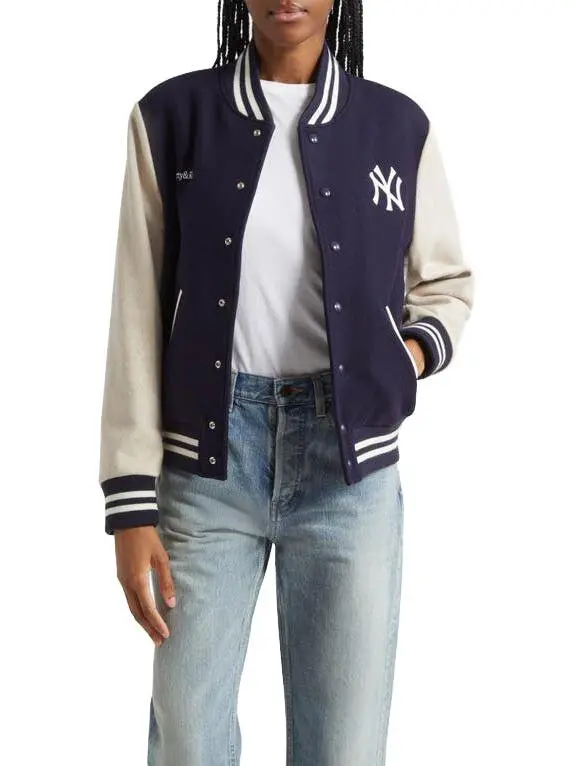 SPORTY & RICH New York Yankees Wool Varsity Jacket - Dark Navy/cream
