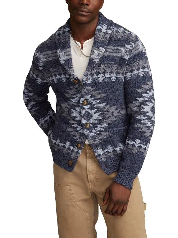 Lucky Brand Intarsia Cotton Shawl Collar Cardigan - Blue Multi