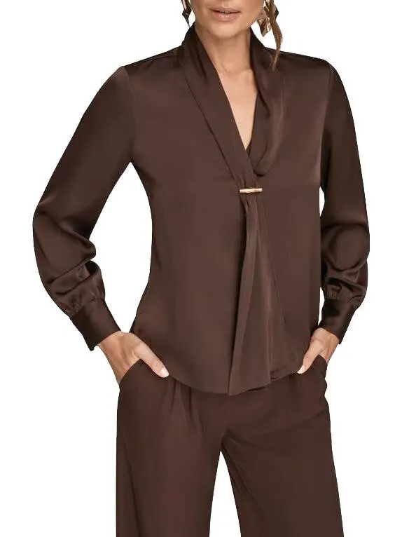 Donna Karan New York Tie Neck Satin Shirt - Chocolte