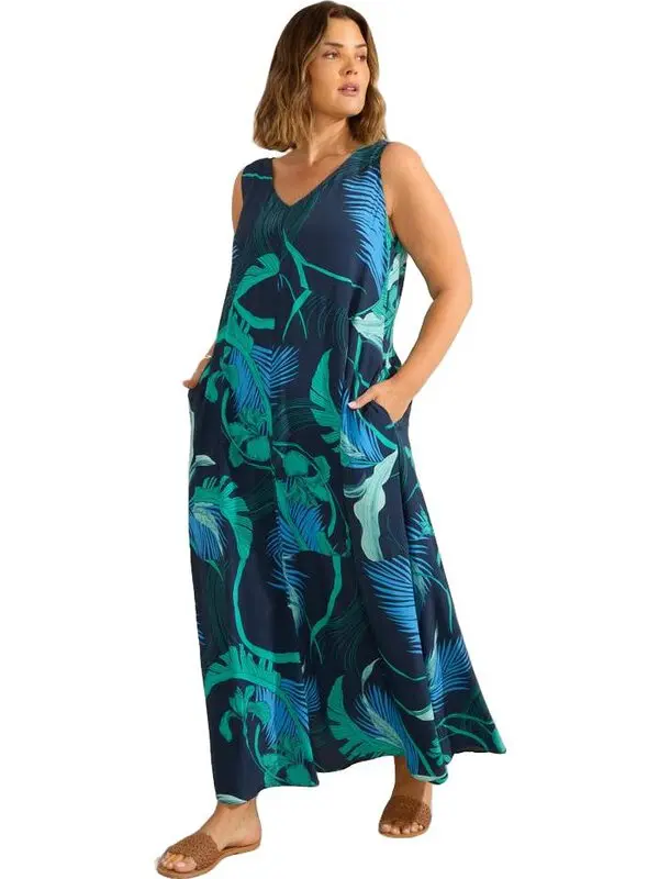 LIVE UNLIMITED Abstract Leaf Print V-neck Maxi Dress - Multi