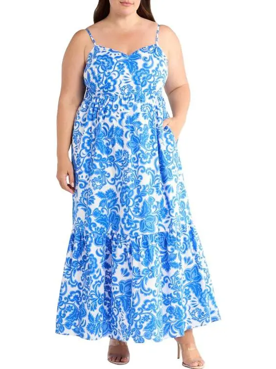 SUGARLIPS Floral Cabana Sleeveless Maxi Dress - White/blue/multi