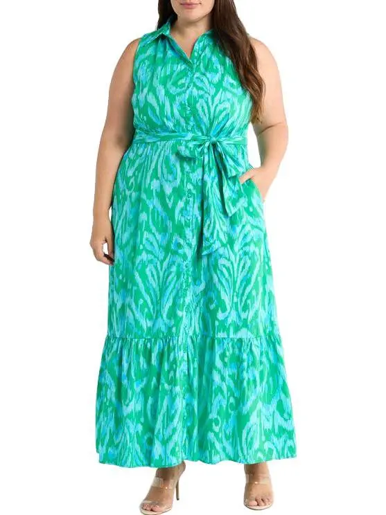 SUGARLIPS Penola Cileah Woodcut Floral Print Cotton Maxi Dress - Kelly Green/cerulean Blue