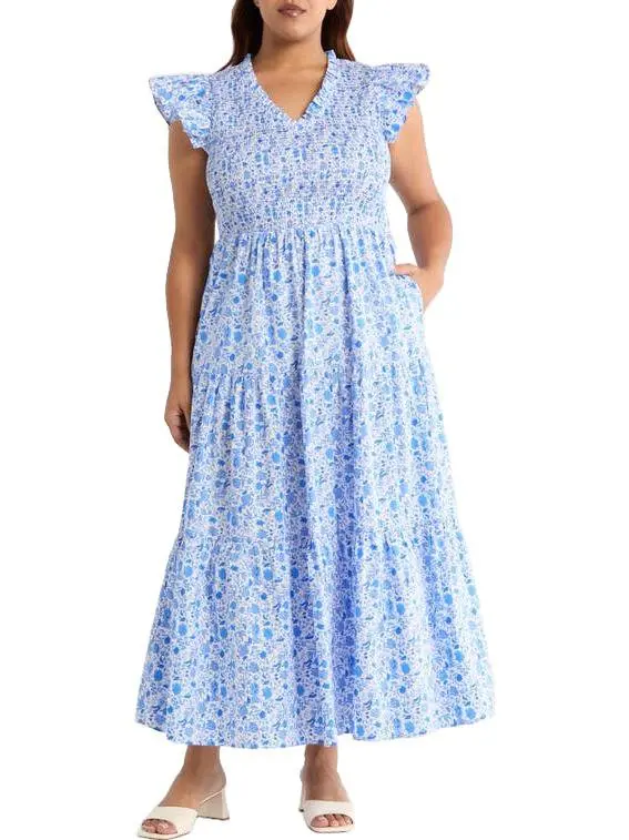 SUGARLIPS Floral Smocked Cotton Tiered Maxi Dress - Blue/white