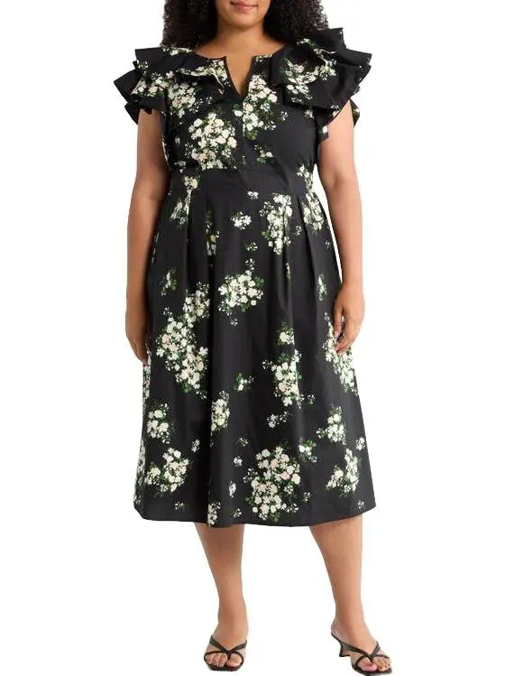 SUGARLIPS Floral Cotton Santana Midi Dress With Tie Back - Black/taupe