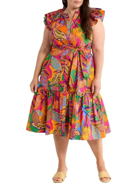 SUGARLIPS Milana Floral Dynamite Cotton Midi Dress - Orange/pink/multi