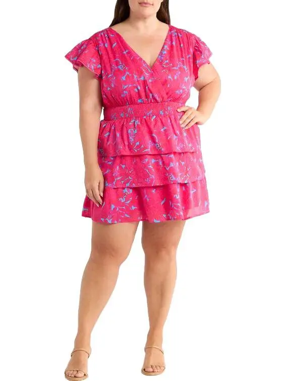 SUGARLIPS Floral Puff Sleeve Mini Dress - Pink/blue