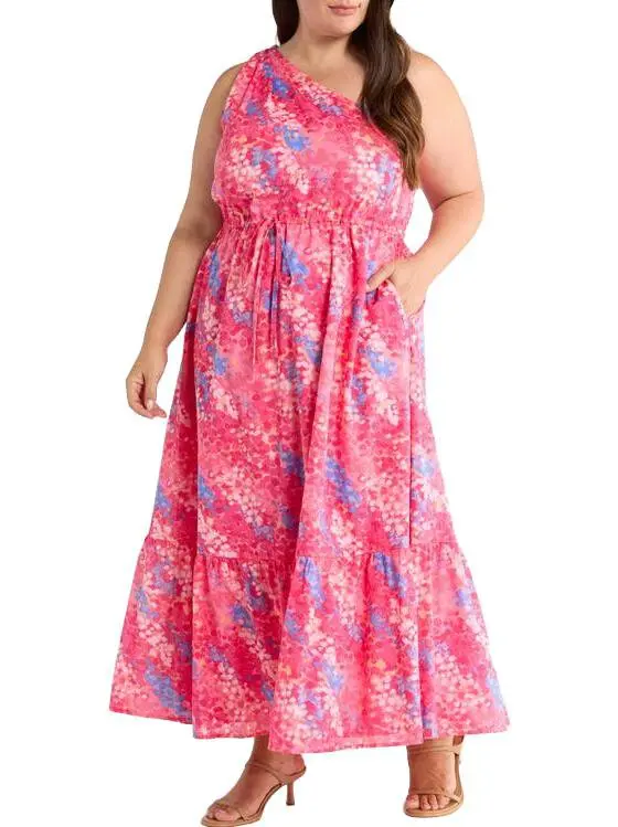 SUGARLIPS Leah Abstract Elya One-shoulder Cotton Maxi Dress - Pink/blue