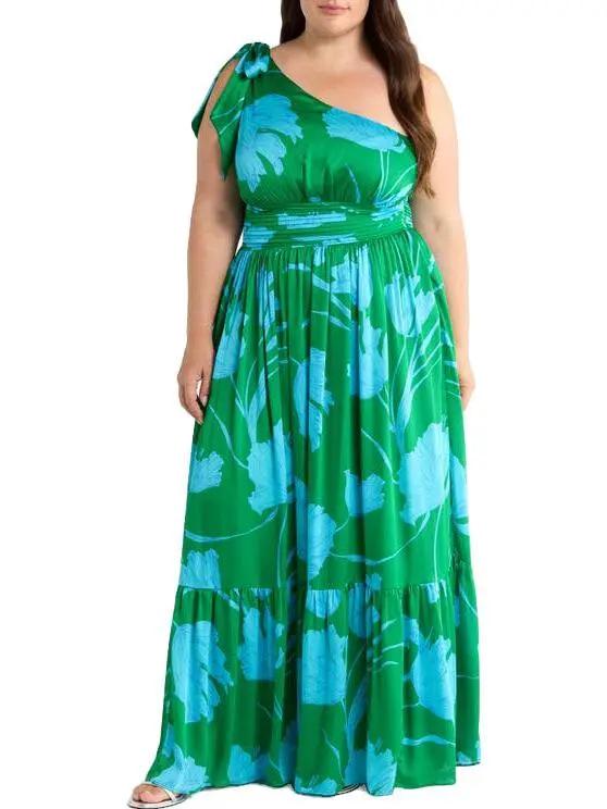 SUGARLIPS Floral One-shoulder Satin Maxi Dress - Green/blue/multi