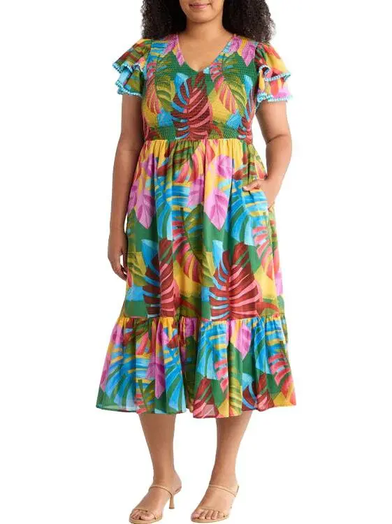SUGARLIPS Tropical Print Tiered Midi Dress - Kelly Green