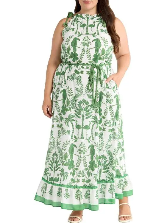 SUGARLIPS Kimana Floral Cotton Maxi Dress - White/green