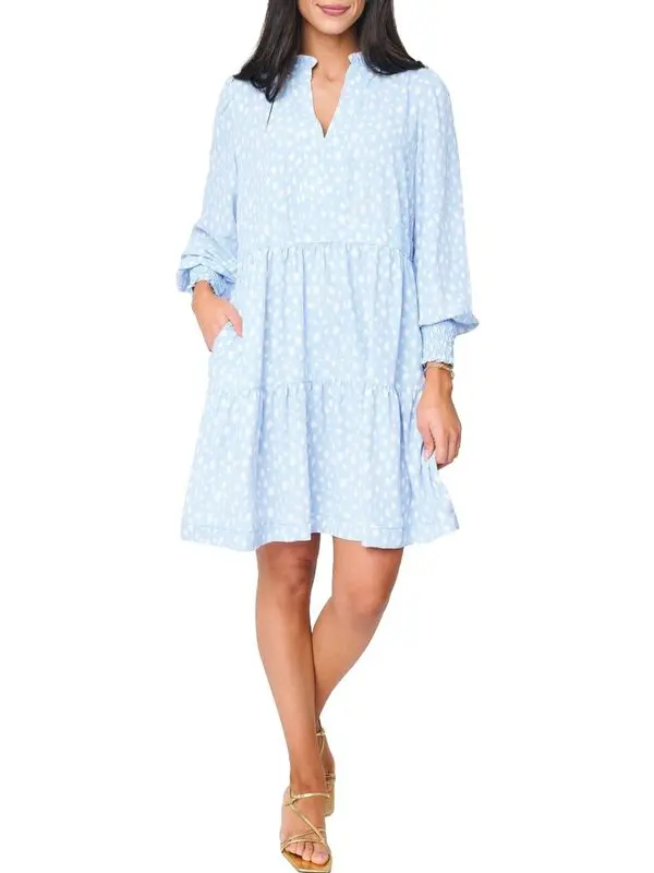 GIBSONLOOK Printed Tiered Long Sleeve Dress - Sky Blue Off White Dot