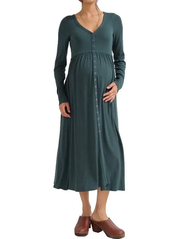 Hatch Collection Ribbed Long Sleeve Maternity/nursing Dress - Pine