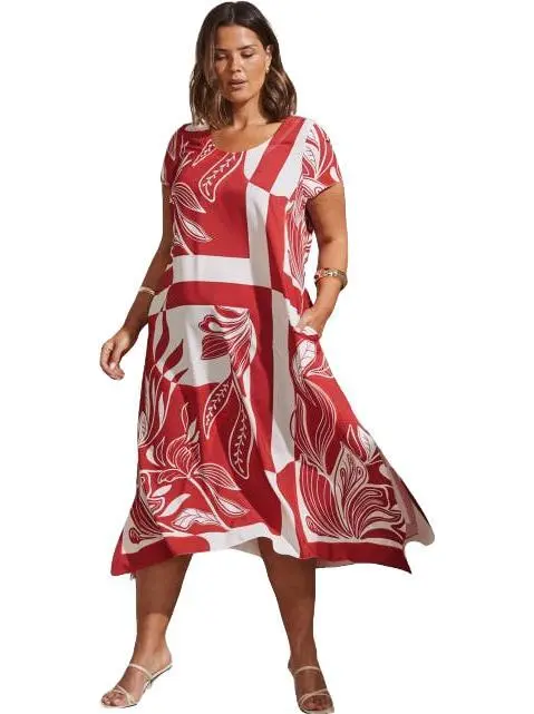LIVE UNLIMITED Abstract Leaf Print Hanky Hem Midi Dress - Red