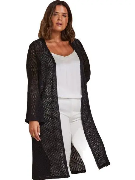 LIVE UNLIMITED Longline Crochet Knit Cardigan - Black