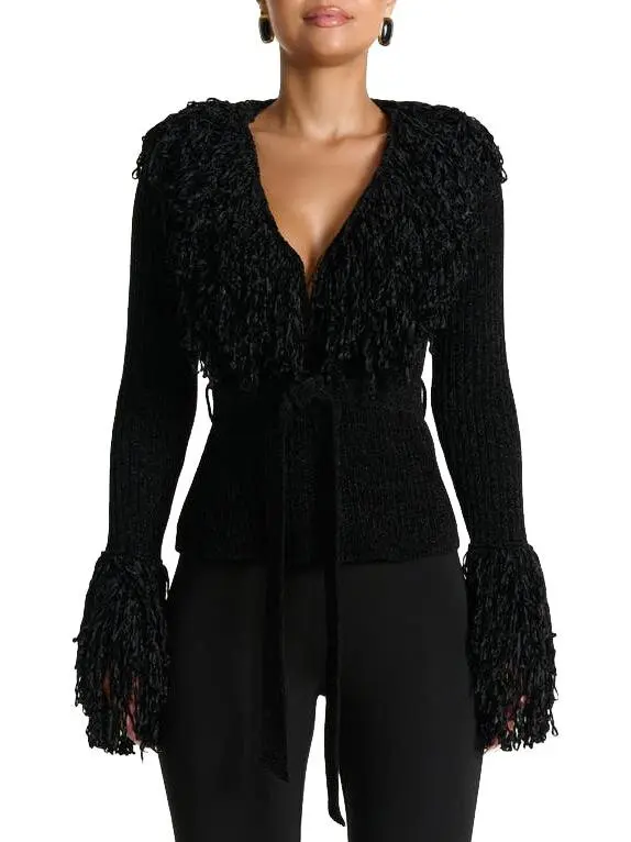 Naked Wardrobe Fringe Tie Waist Chenille Cardigan - Black