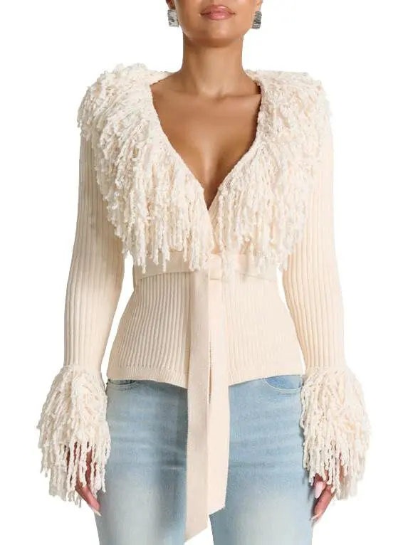 Naked Wardrobe Fringe Tie Waist Chenille Cardigan - Bone