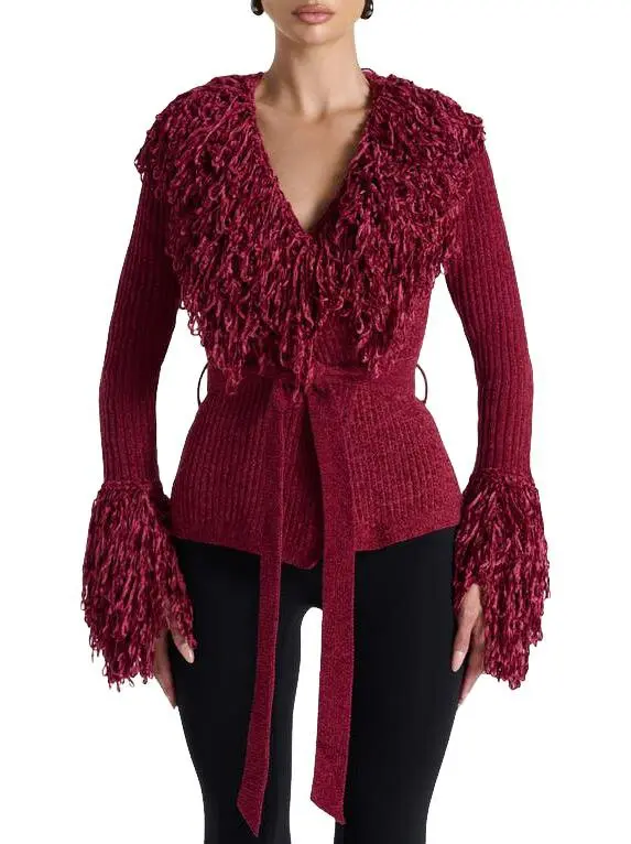 Naked Wardrobe Fringe Tie Waist Chenille Cardigan - Currant