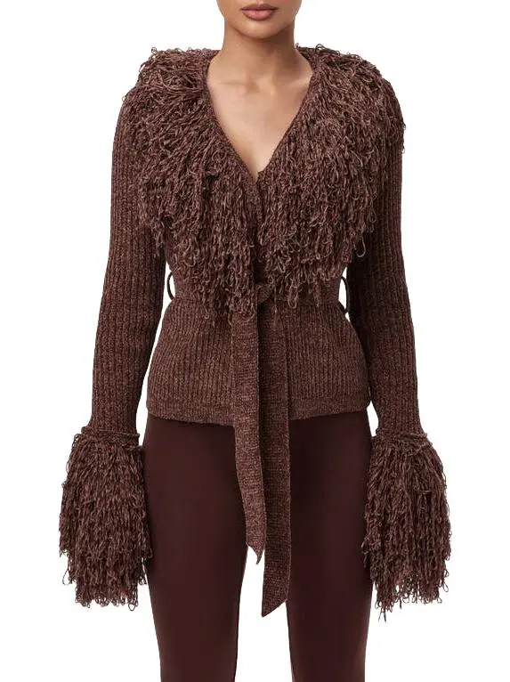 Naked Wardrobe Fringe Tie Waist Chenille Cardigan - Dark Chocolate