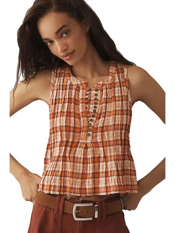 Anthropologie Lottie Plaid Pleated Tank Top - Orange Pattern