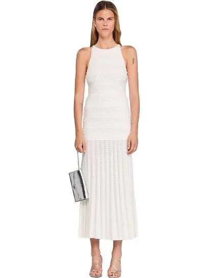 Sandro Maxi Beaded Knit Dress - Neutral / White