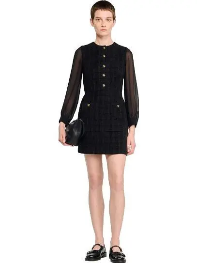 Sandro Long-sleeved Tweed Mini Dress - Black